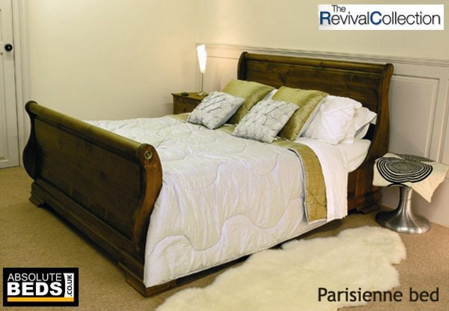 The Revival Collection Parisienne Pine sleigh Bed. Mattress, furniture